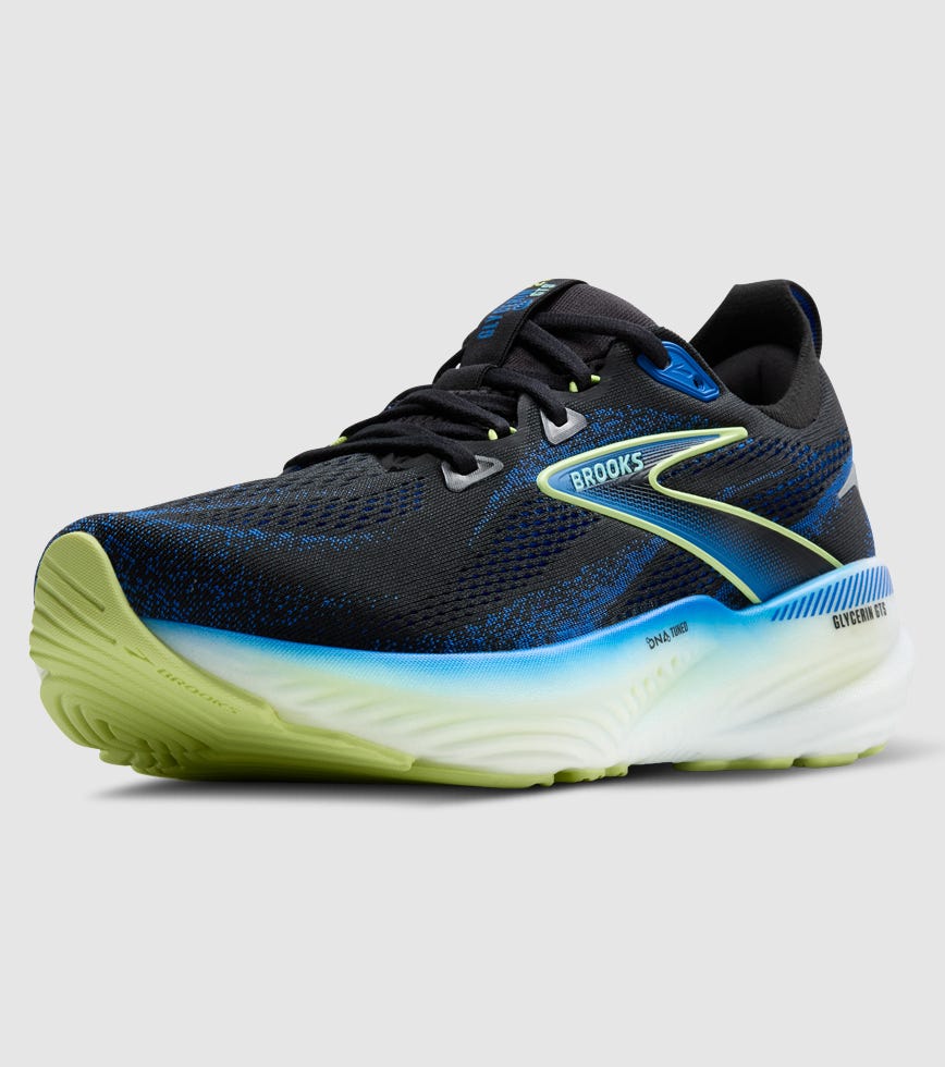 BROOKS GLYCERIN GTS 22 (2E WIDE) MENS BLACK COBALT NEO YELLOW | The ...